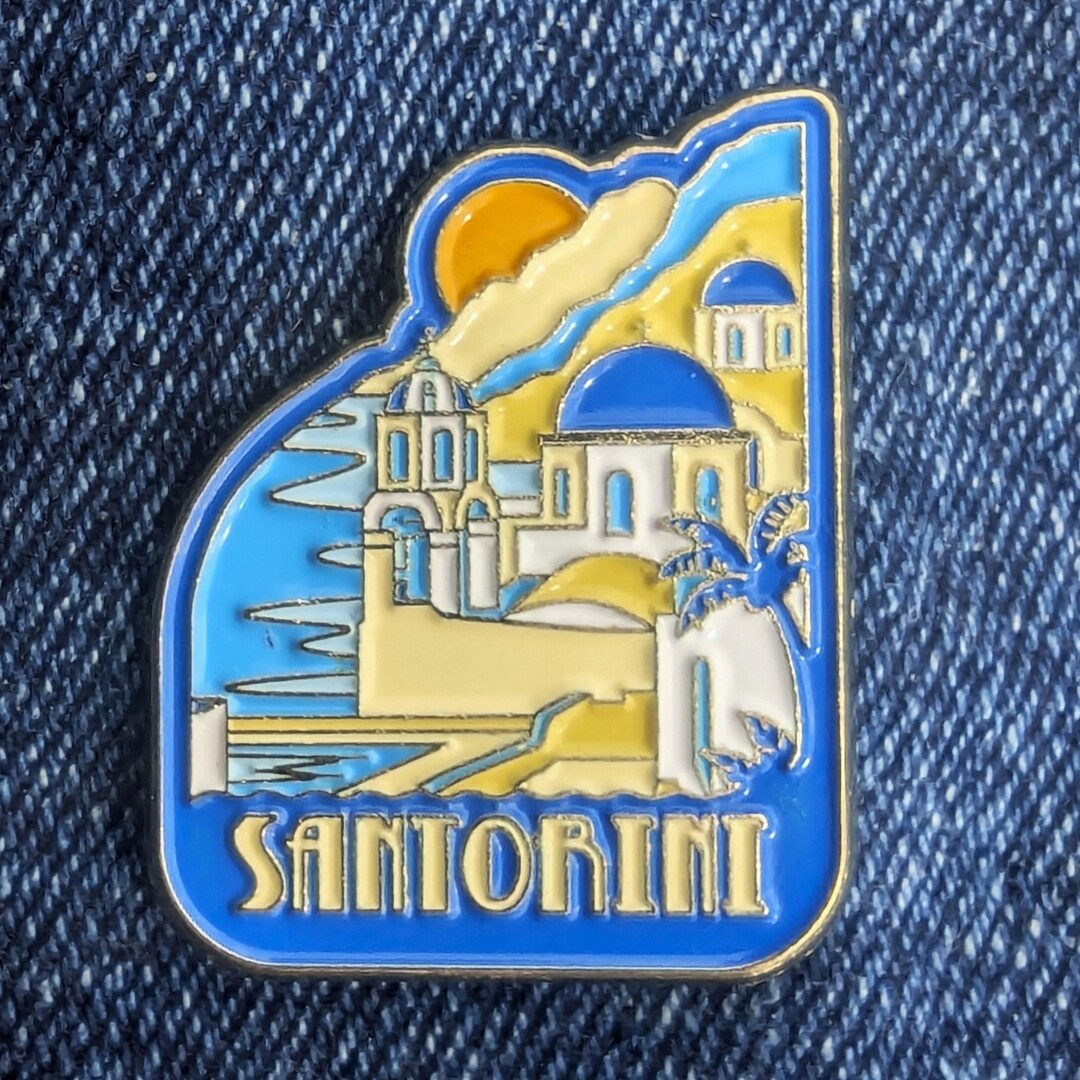 Santorini Greece 1.25" Enamel Pin, Travel Pins Golden Metal Badge Flair ...