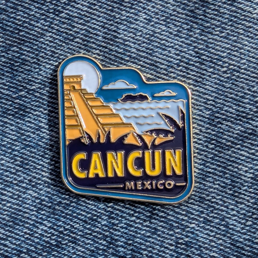 Cancun Mexico 1.25" Enamel Pin Travel Badge Pinback Golden Lapel City ...
