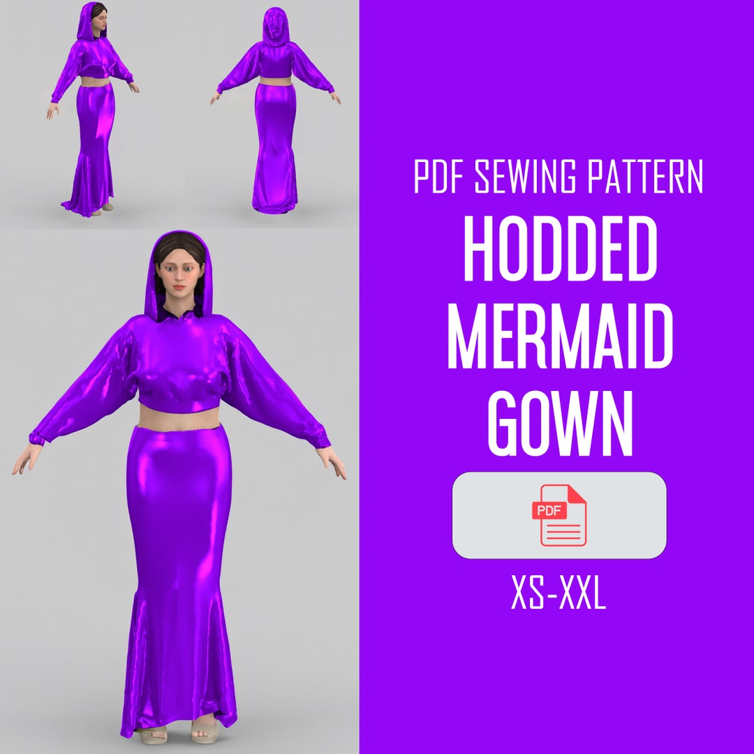Hooded Bat Sleeve Mermaid Gown Sewing Pattern | Gown With Hood Sewing ...