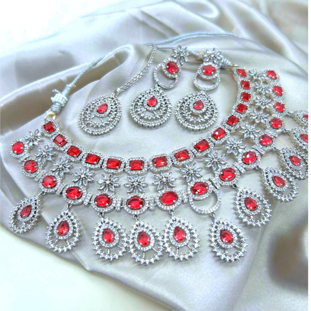 Kundan Ruby Bridal Jewelry Set | Silver Plated Indian Necklace ...