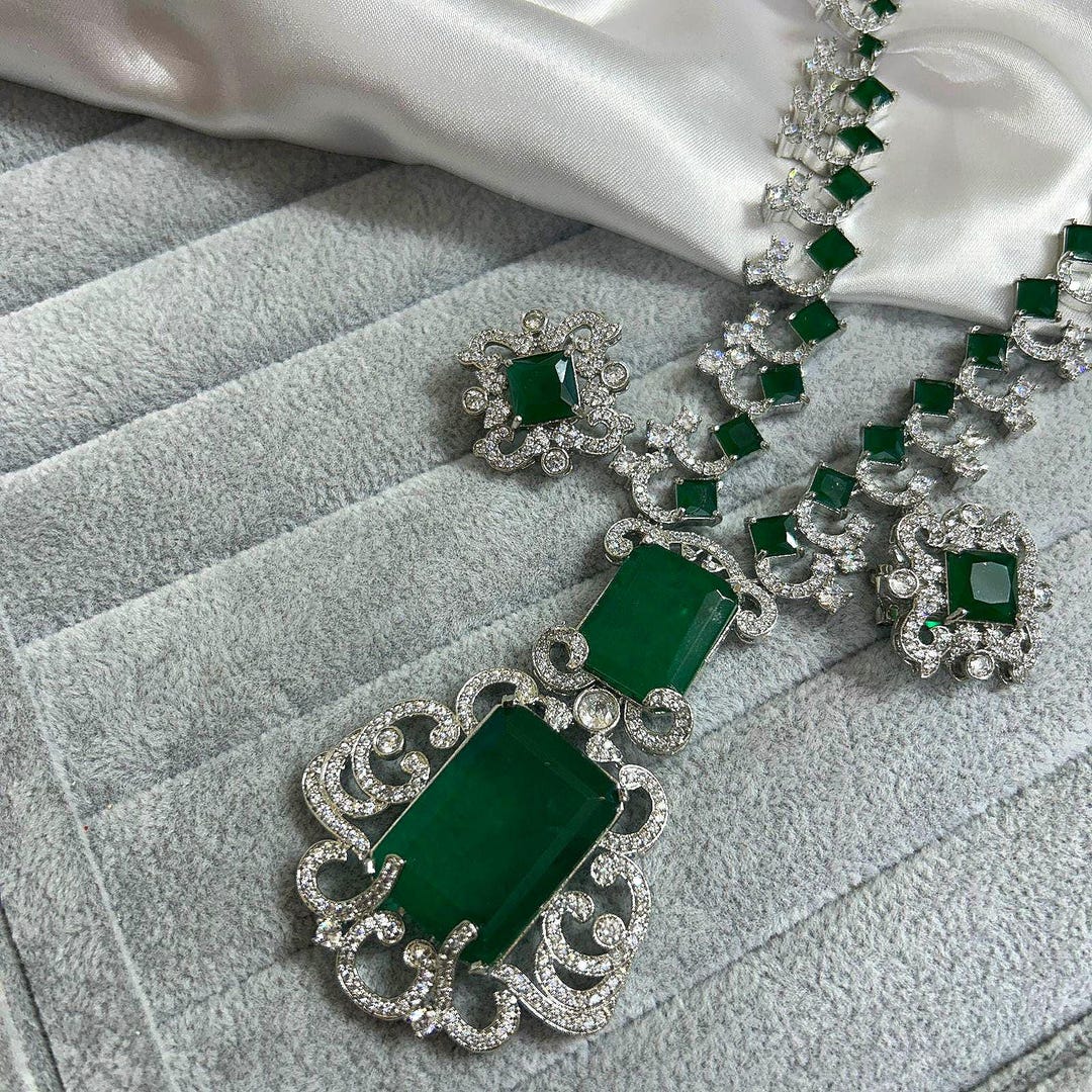 Green CZ Emerald Necklace & Earrings: Indian AD Jewelry Set - Etsy