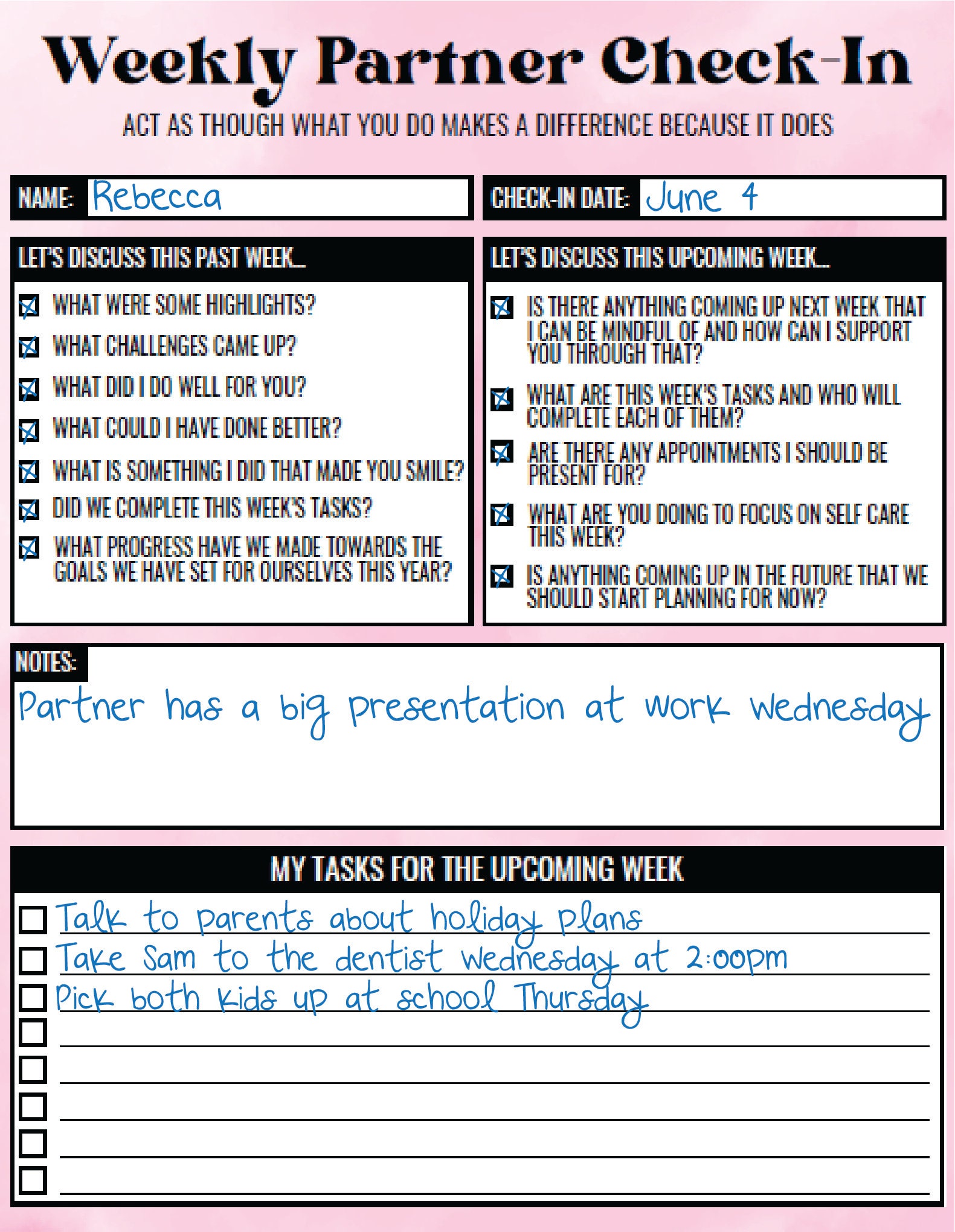 PRINTABLE Weekly Partner Check-in Sheets - Etsy