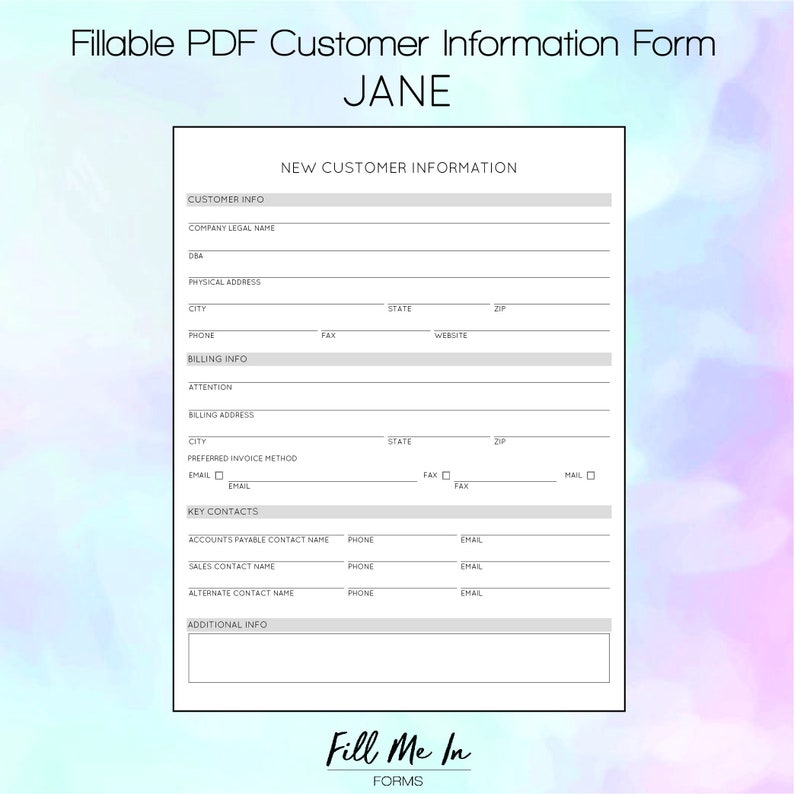 Fillable New Customer Information Form - Jane - Etsy