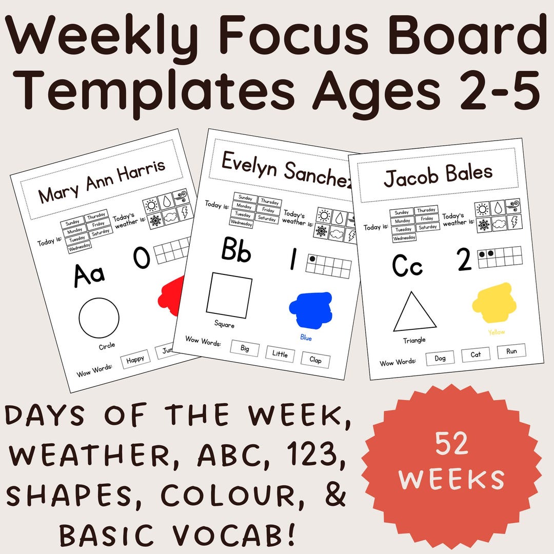Preschool Weekly Focus Board Templates (ages 2-5) | 52 Weeks (1 Year ...