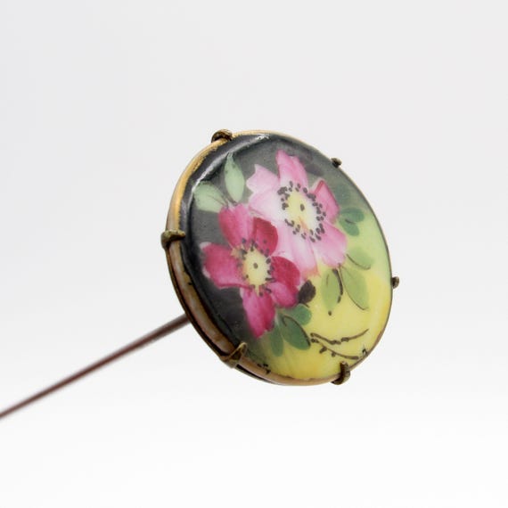 Antique Hatpin Hand Painted Floral Porcelain Hat Pin - Gem