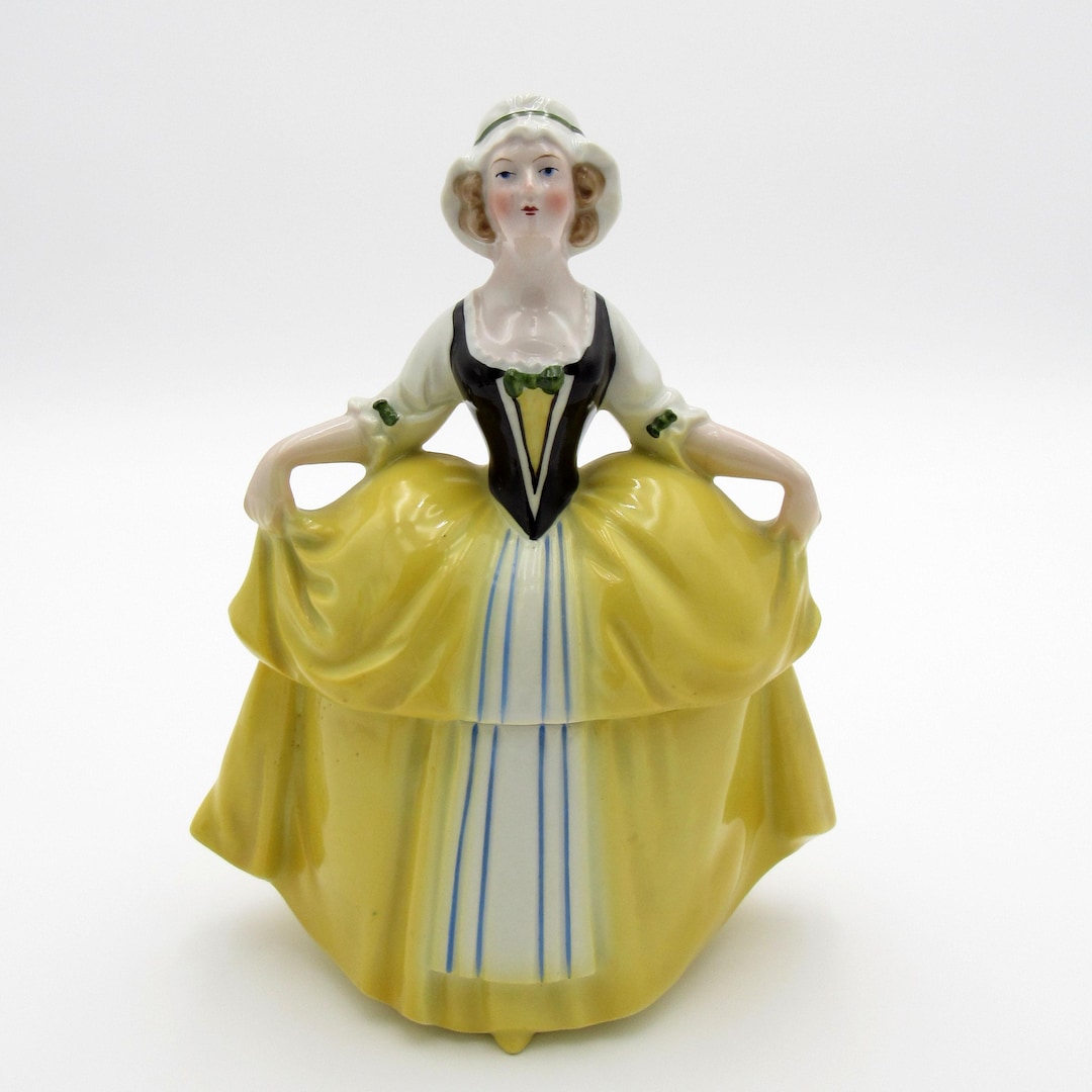 VTG Lady Powder Box Vanity Dresser Jar Victorian Woman Fan Curtsey ...