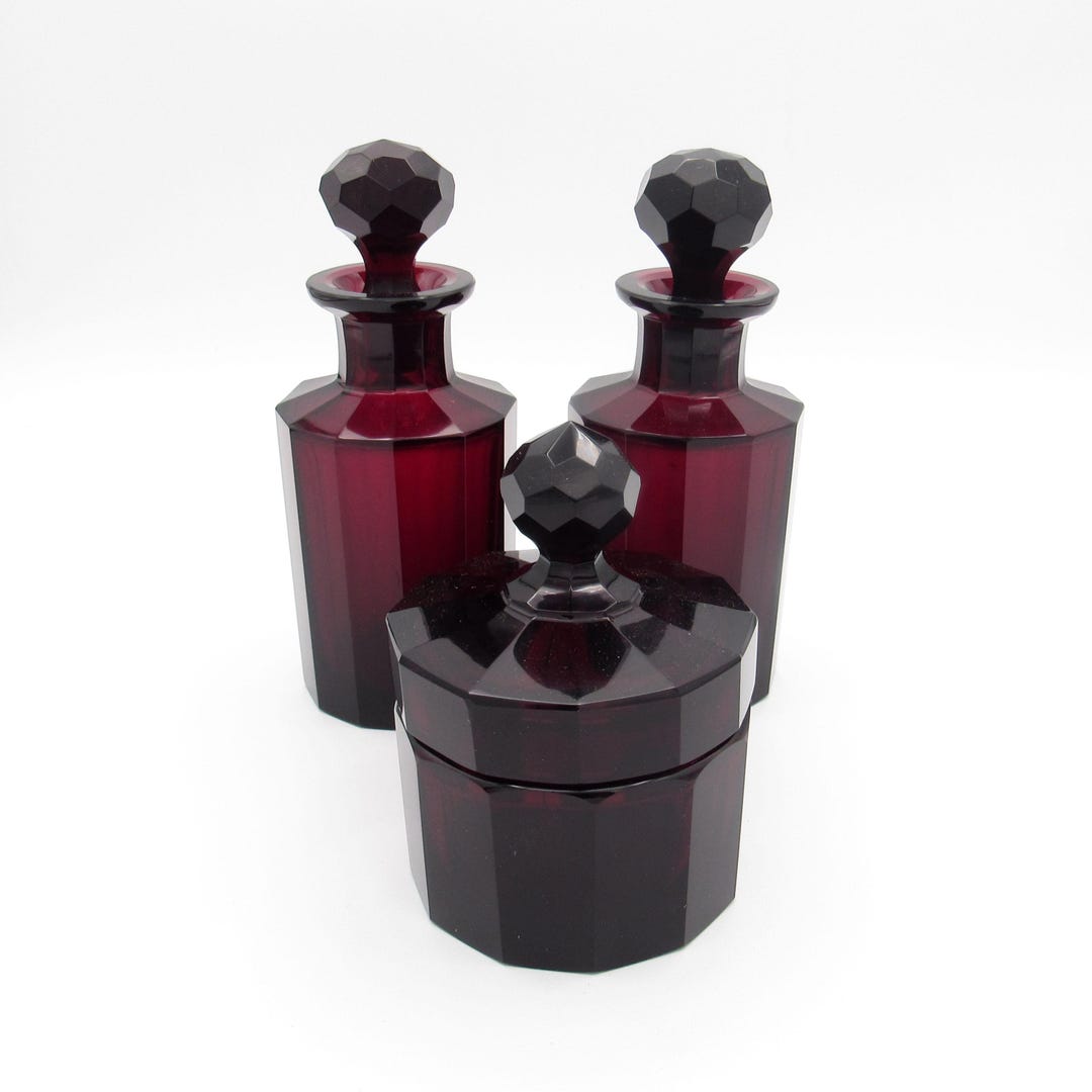 Vintage Deep Blood Red 3 PC Dresser Set, 2 Perfume Scent Bottles ...