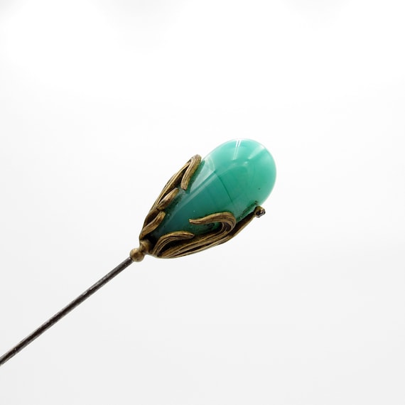 Antique Hatpin Green Marble Glass Stone with Reeds, S… - Gem