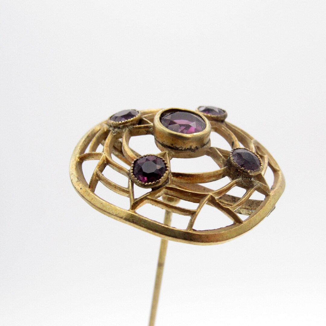 Antique Hatpin Brass Open Work With 5 Bezel Set Purple Stones Hat Pin ...