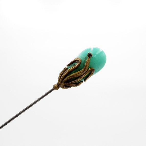 Antique Hatpin Green Marble Glass Stone with Reeds, S… - Gem