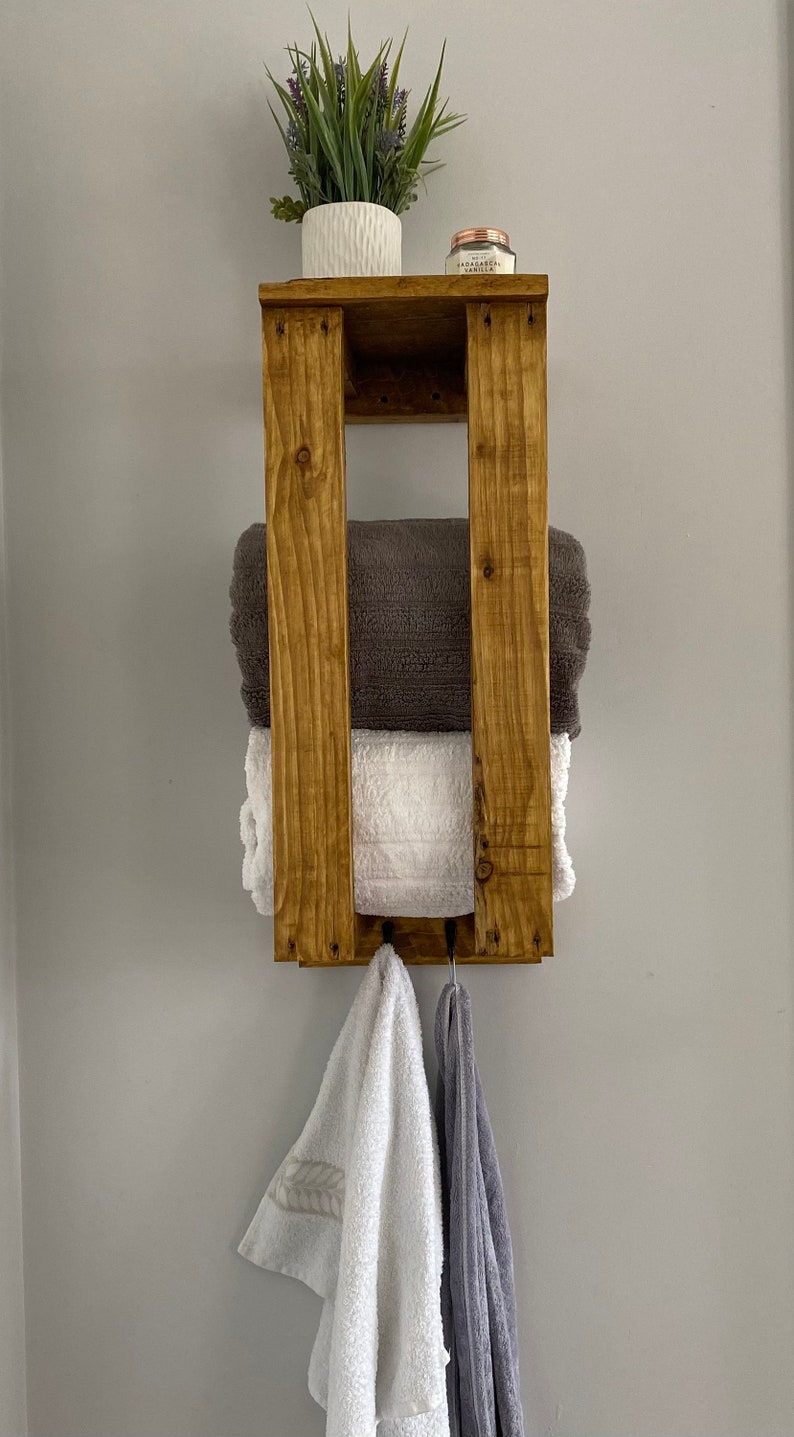 Rustic Towel Rack With Shelf and 2 Hooks. - Etsy UK