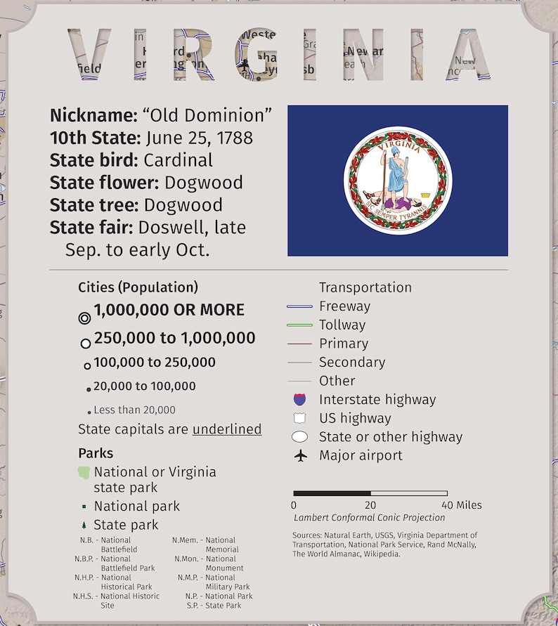 Virginia Reference Map Premium-quality Poster || 24x36, 20x30, 12x18 ...