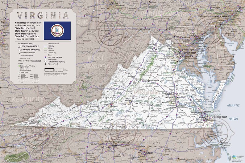 Virginia Reference Map Premium-quality Poster || 24x36, 20x30, 12x18 ...