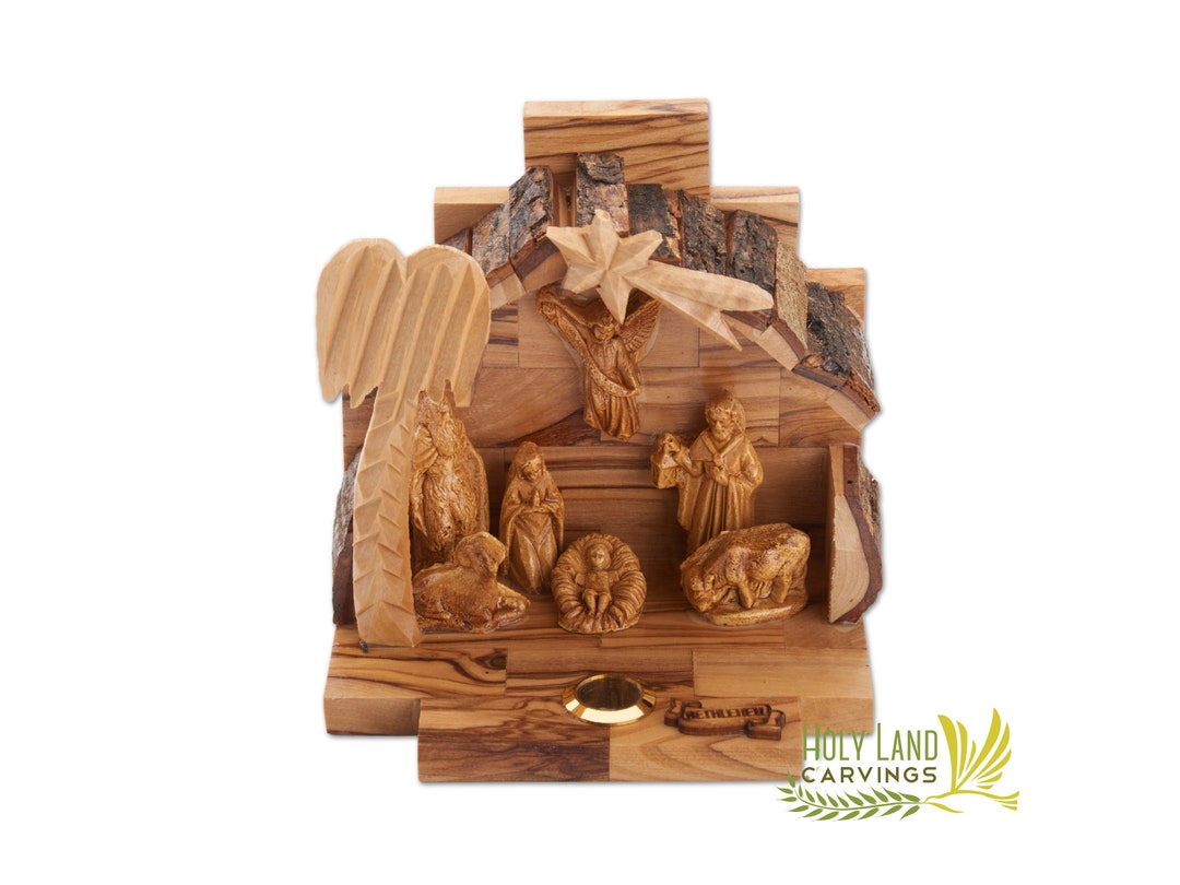 Wooden Nativity Set With Bark Roof Made of Olive Wood in the Holy Land ...