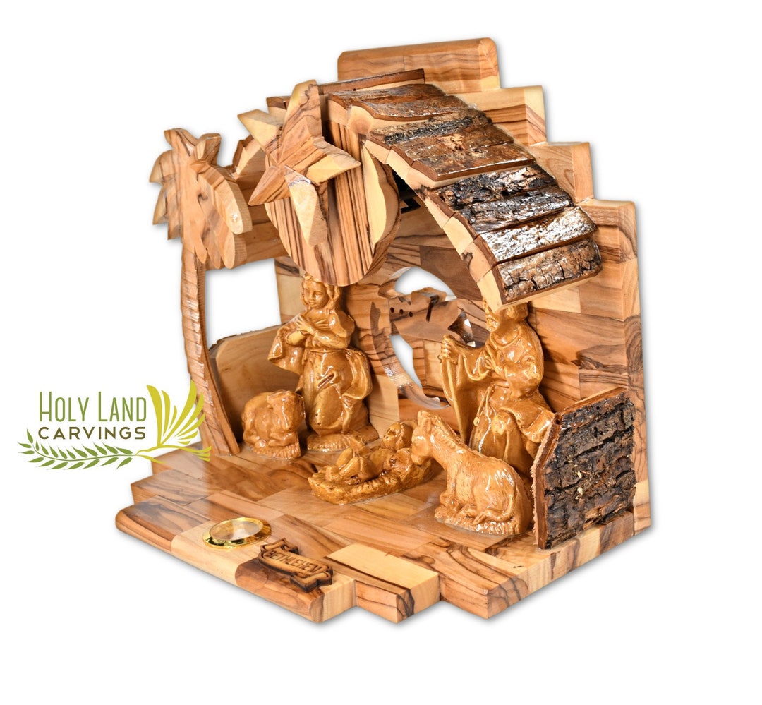 Wooden Nativity Set With Bark Roof Made of Olive Wood in the Holy Land ...