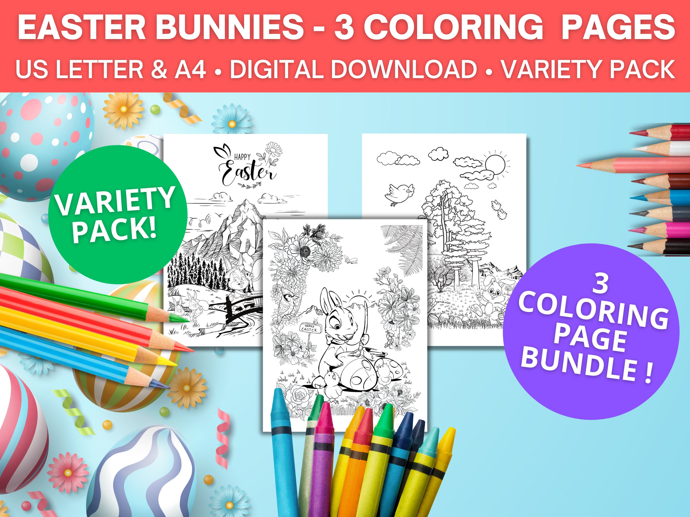 Easter Bunnies 3 COLORING PAGE Bundle / Coloring Page Set for Kids ...