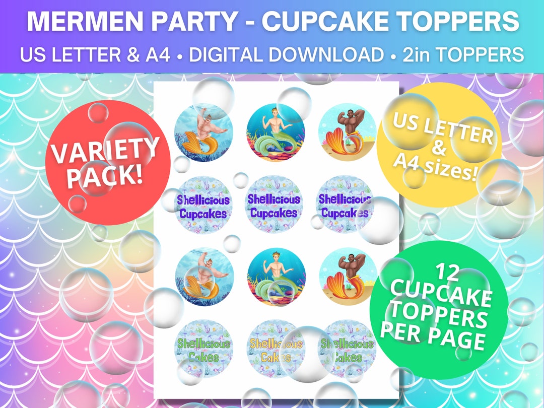 Merman Party Cupcake Toppers / Mermen Party Decor / Flavor Tags / Pride ...
