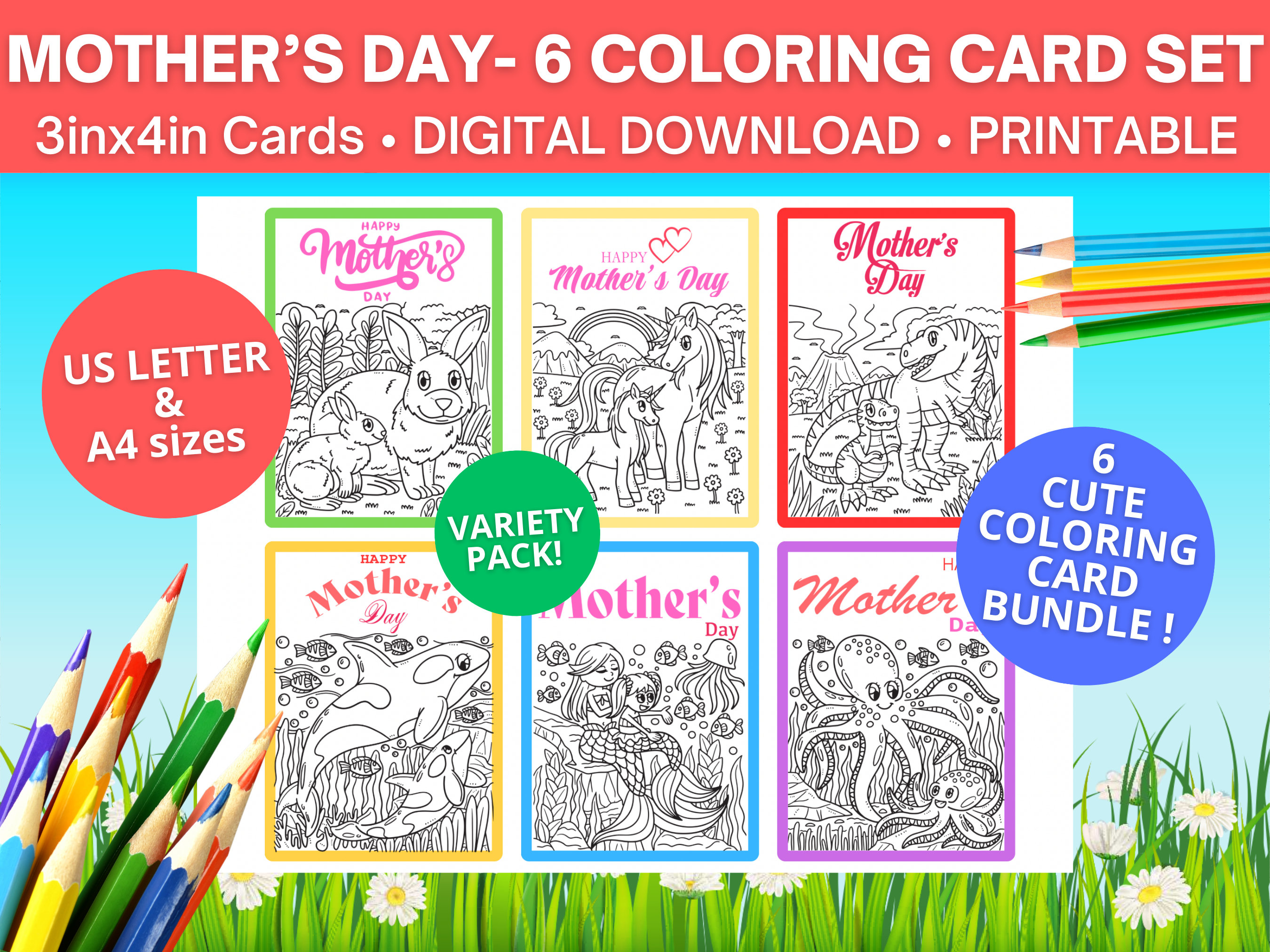 Set of 6 Mother’s Day Coloring Cards / Us Letter & A4 Sizes /VARIETY ...