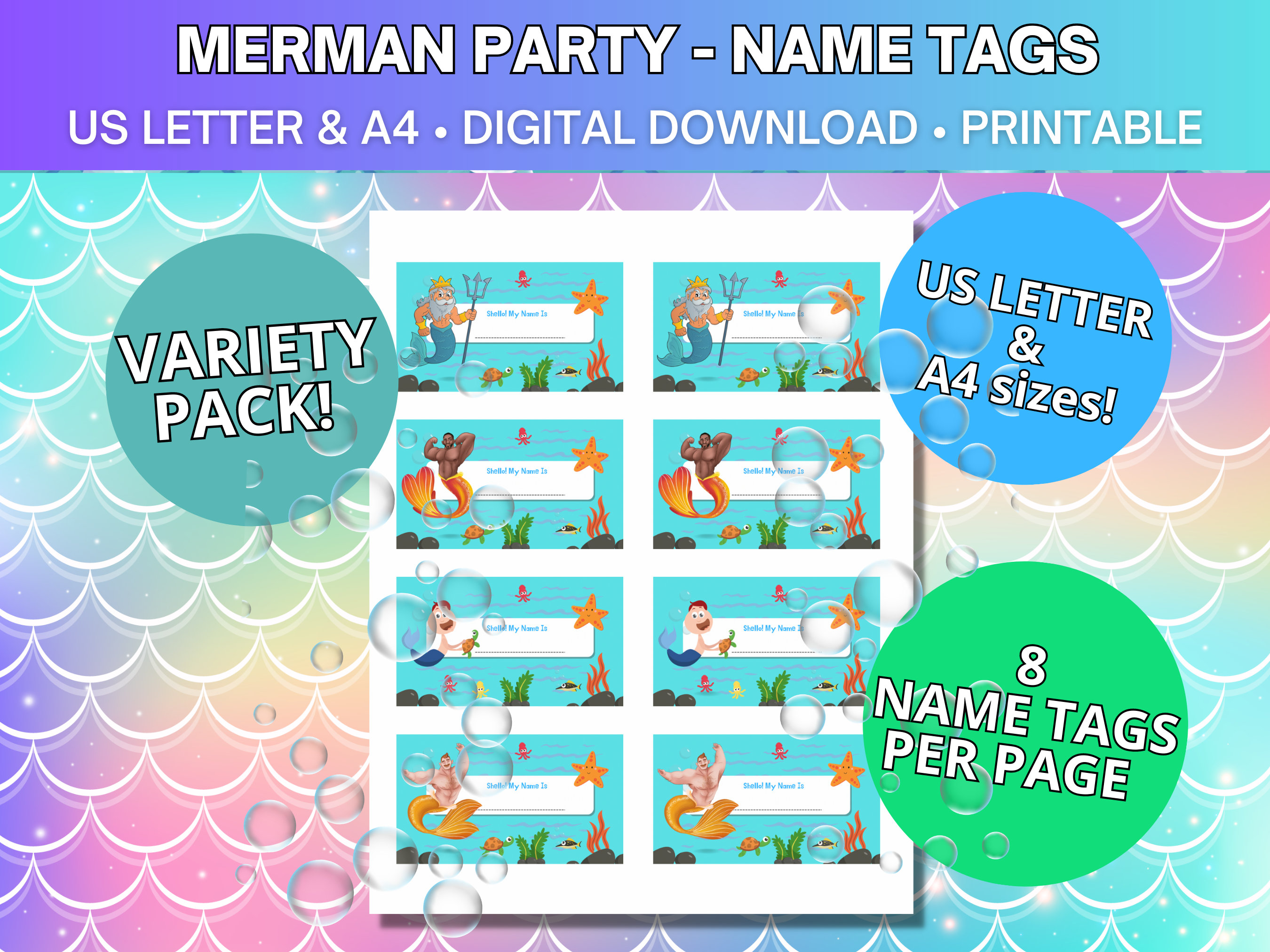 Merman Party Name Tags / Mermen Party Decor / Seating Card / Baby ...