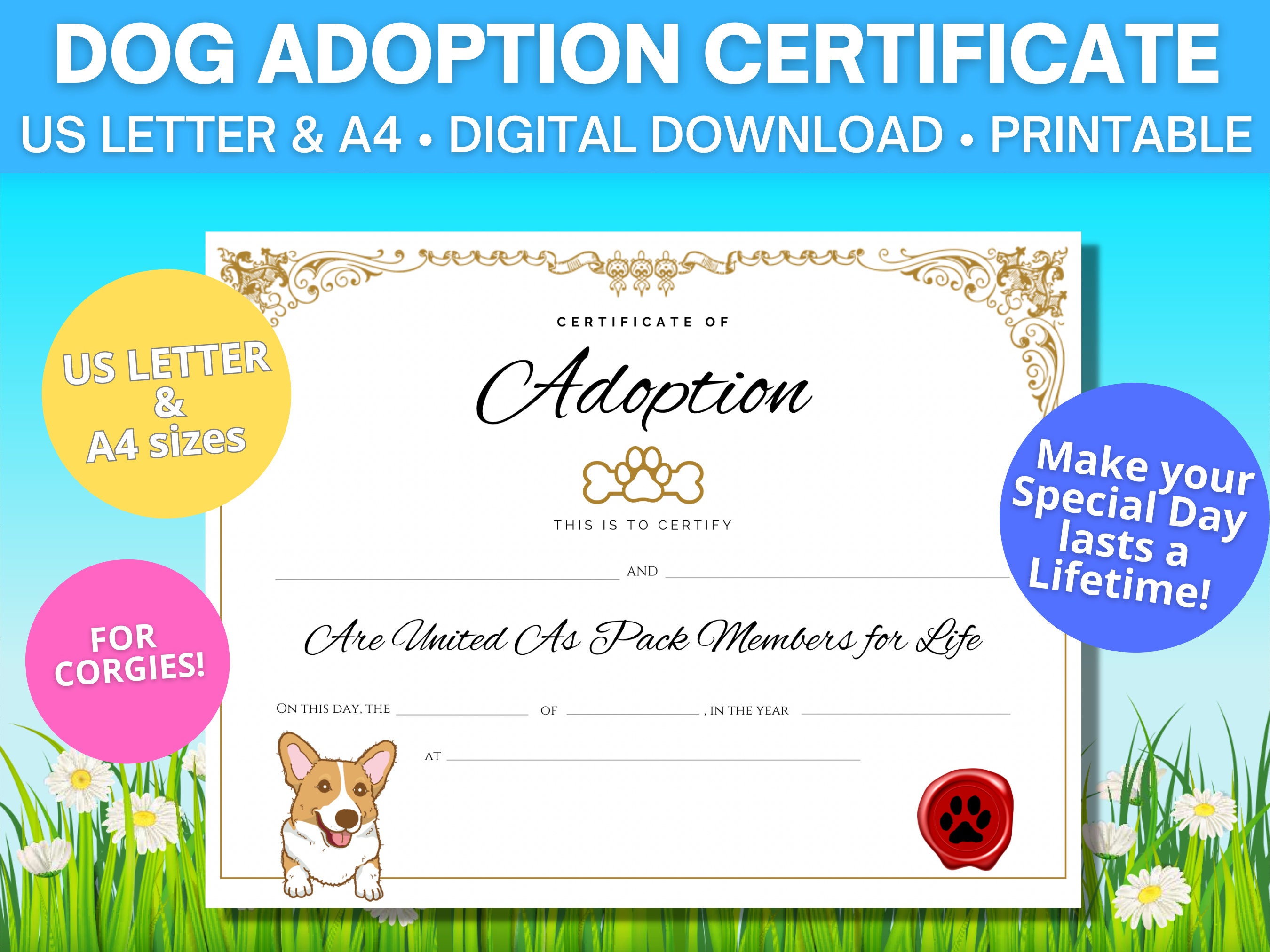 Corgi Adoption Certificate / US Letter & A4 Sizes / Pembroke Welsh ...