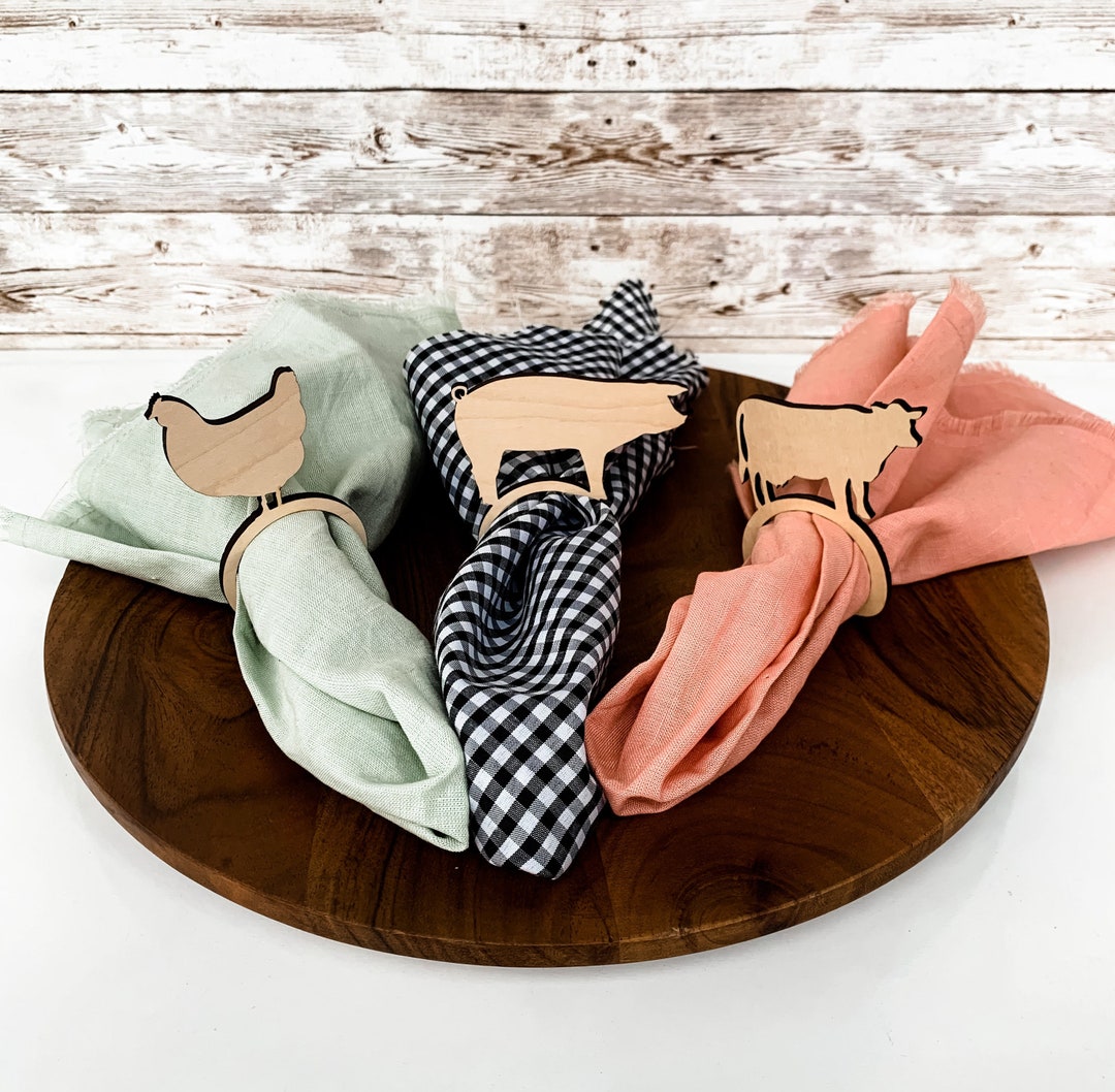 Farmhouse Napkin Rings, Personalized Wood Farm Animal Napkin Rings, Cow ...
