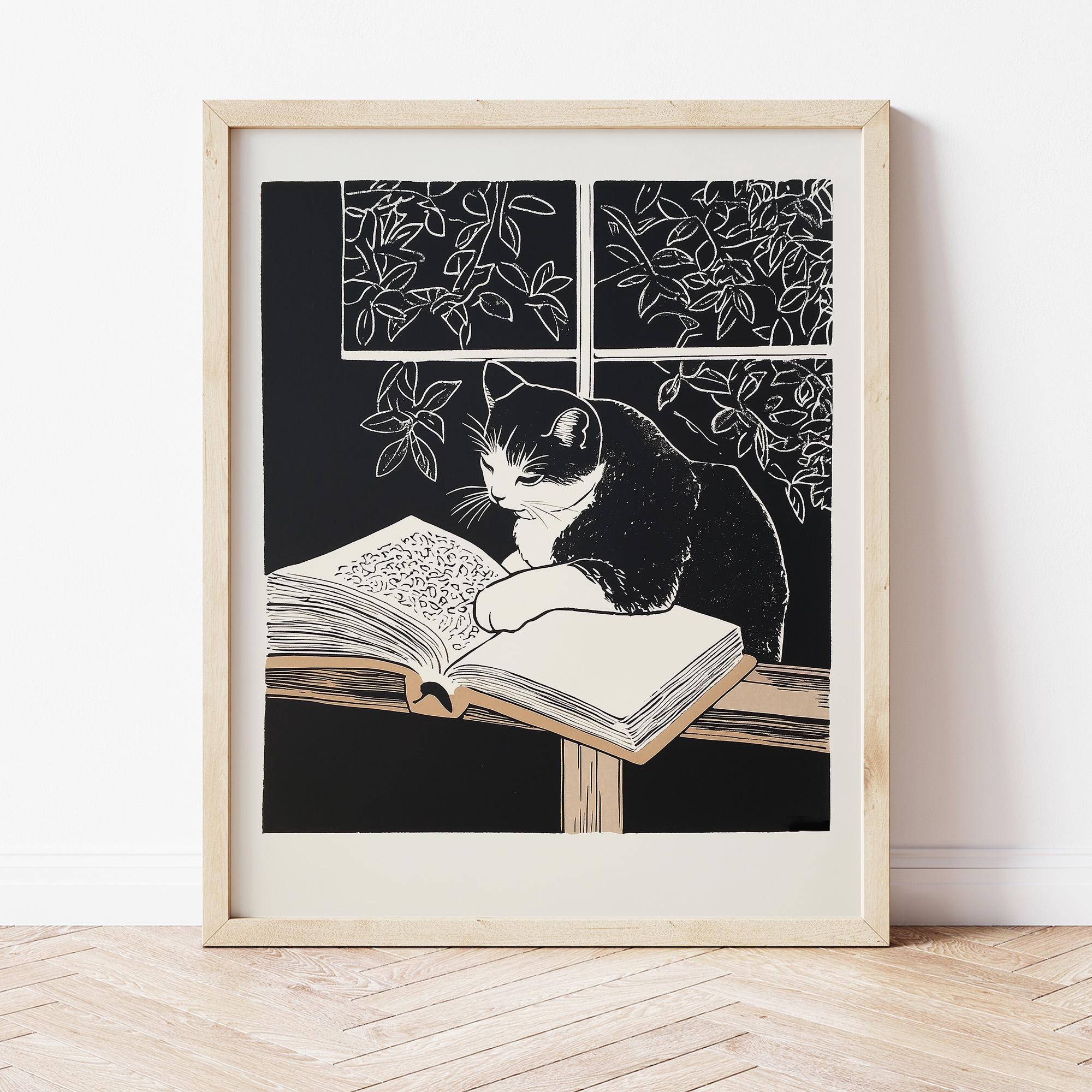 Cat Reading Book Art Print, Cat Artwork, Bookish Artwork, Cat Poster ...