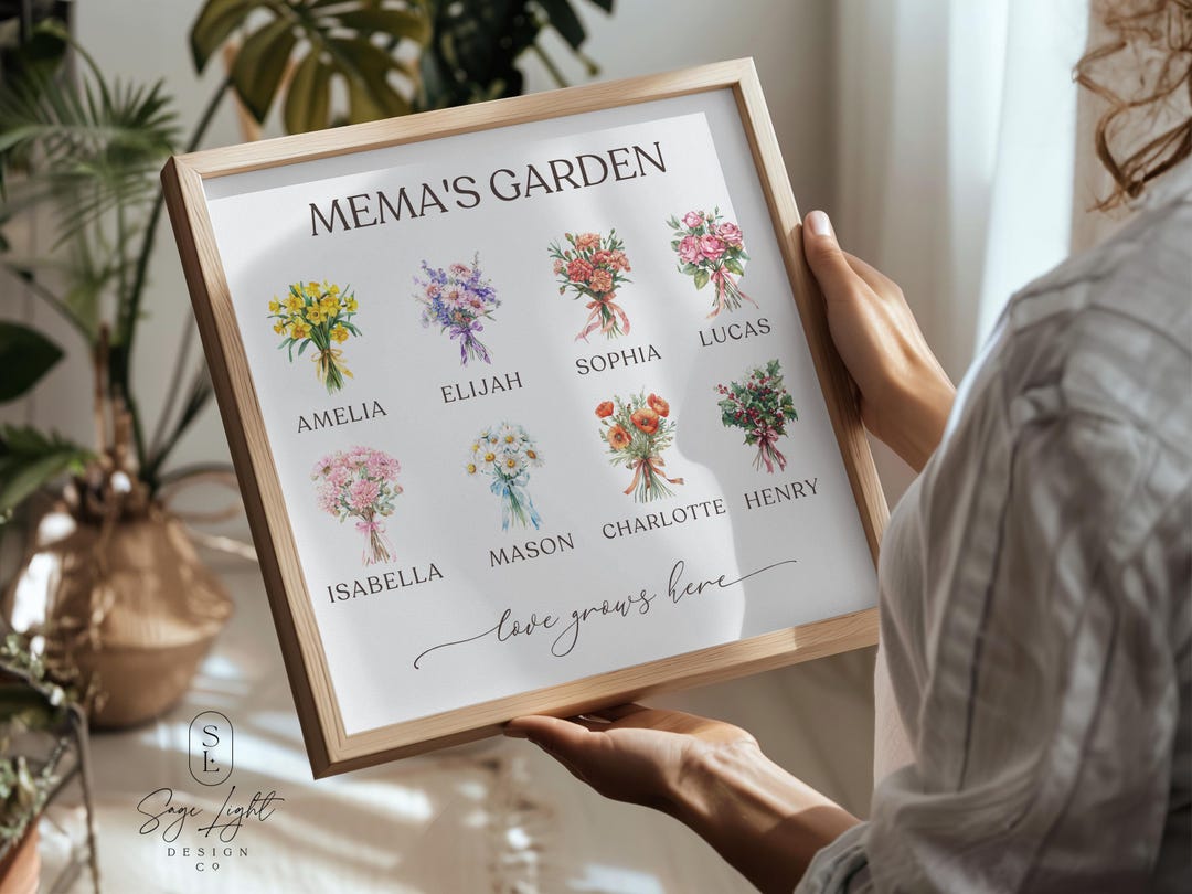 Personalized Mema's Garden Sign Framed Print - Birth Flower Gift for ...