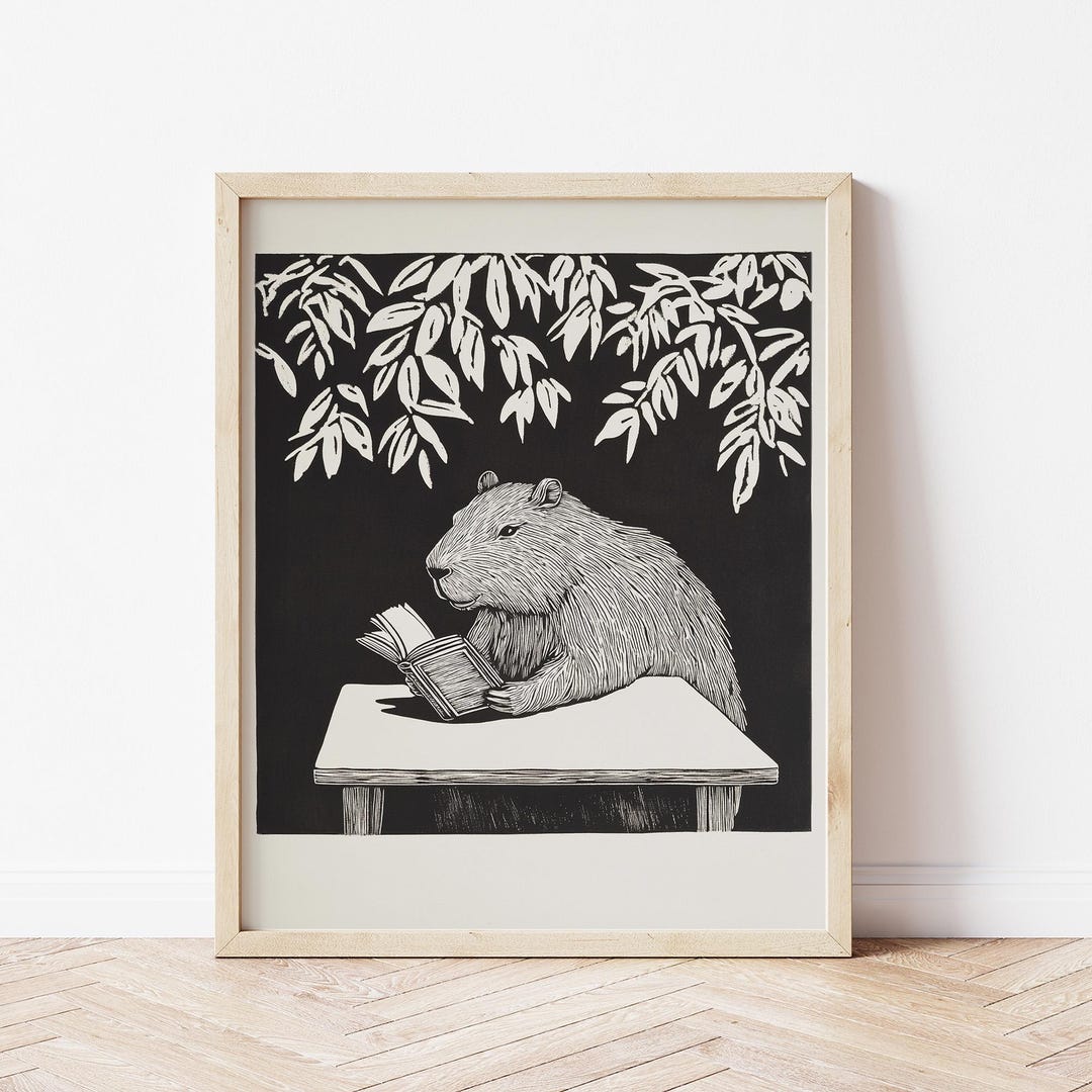 Reading Capybara Art Print, Capybara Artwork, Bookish Artwork, Capybara ...