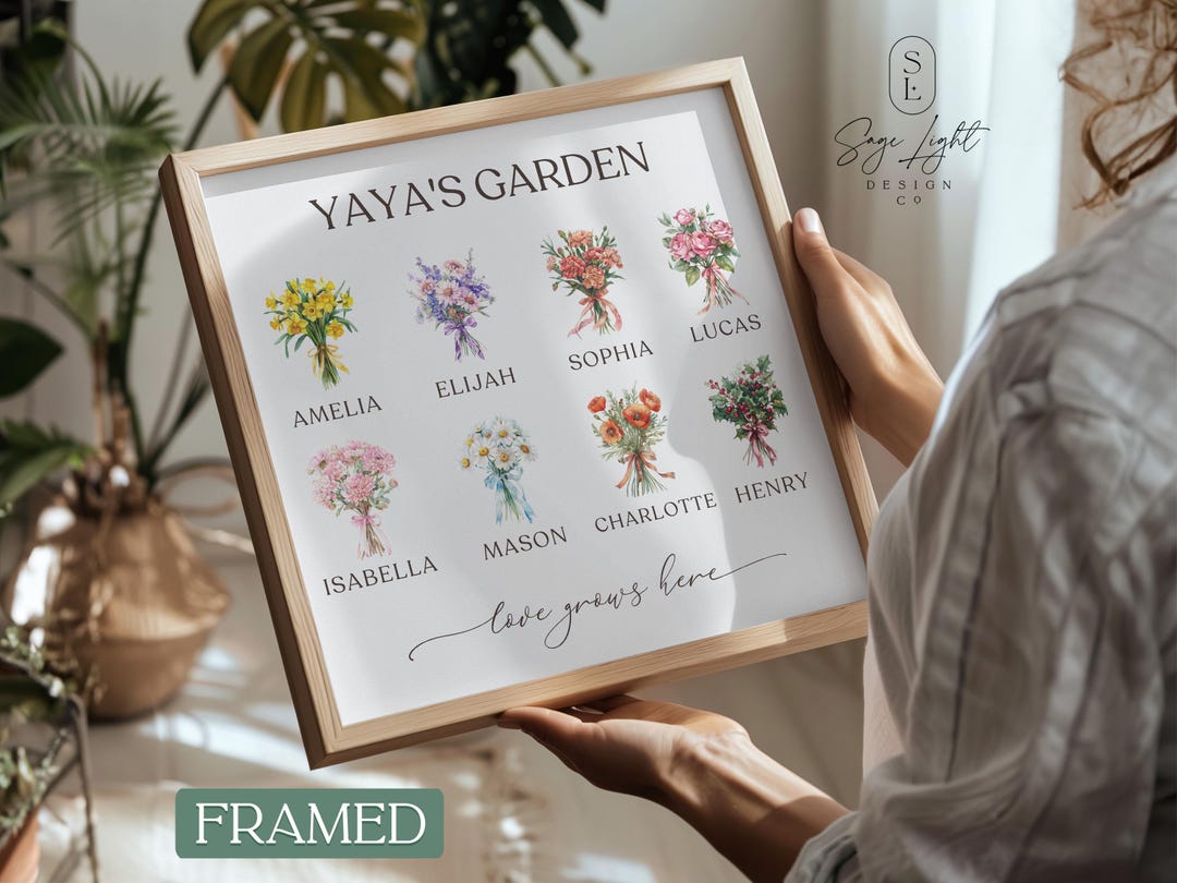 Personalized Yaya's Garden Sign Framed Print - Birth Flower Gift for ...