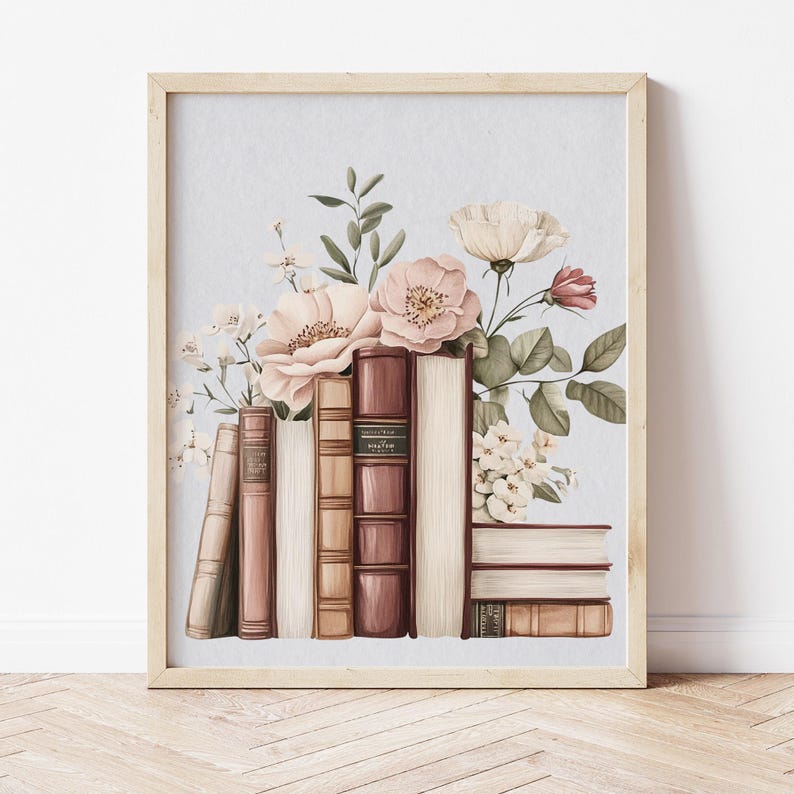 Calming Colors Stack of Books, Botanical Books Wall Art, Bookish ...