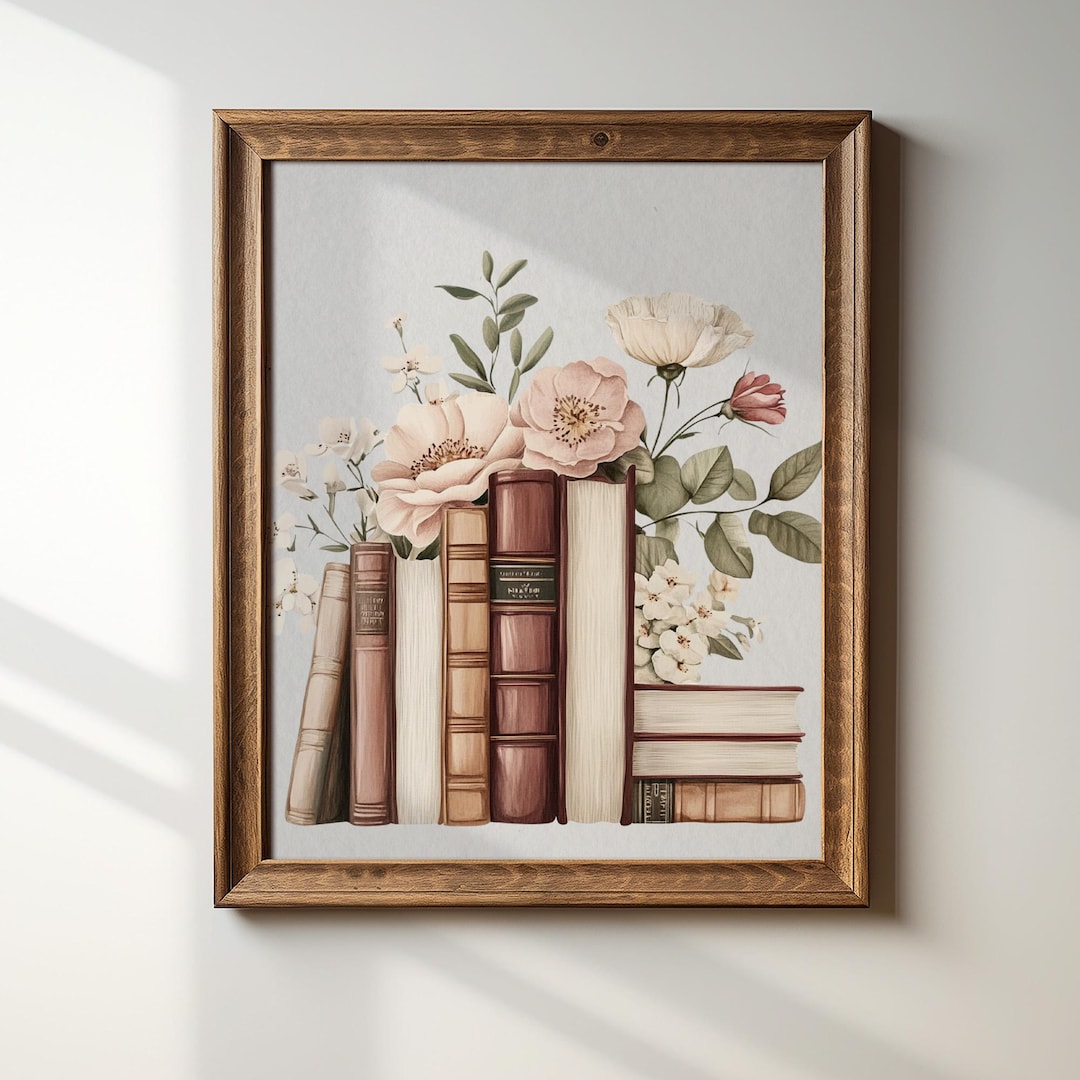 Calming Colors Stack of Books, Botanical Books Wall Art, Bookish ...