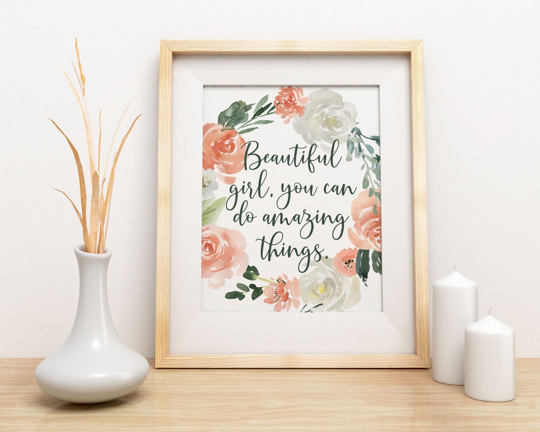 Beautiful Girl Coral Pink, White, Green Flower Word Wall Art, Botanical ...