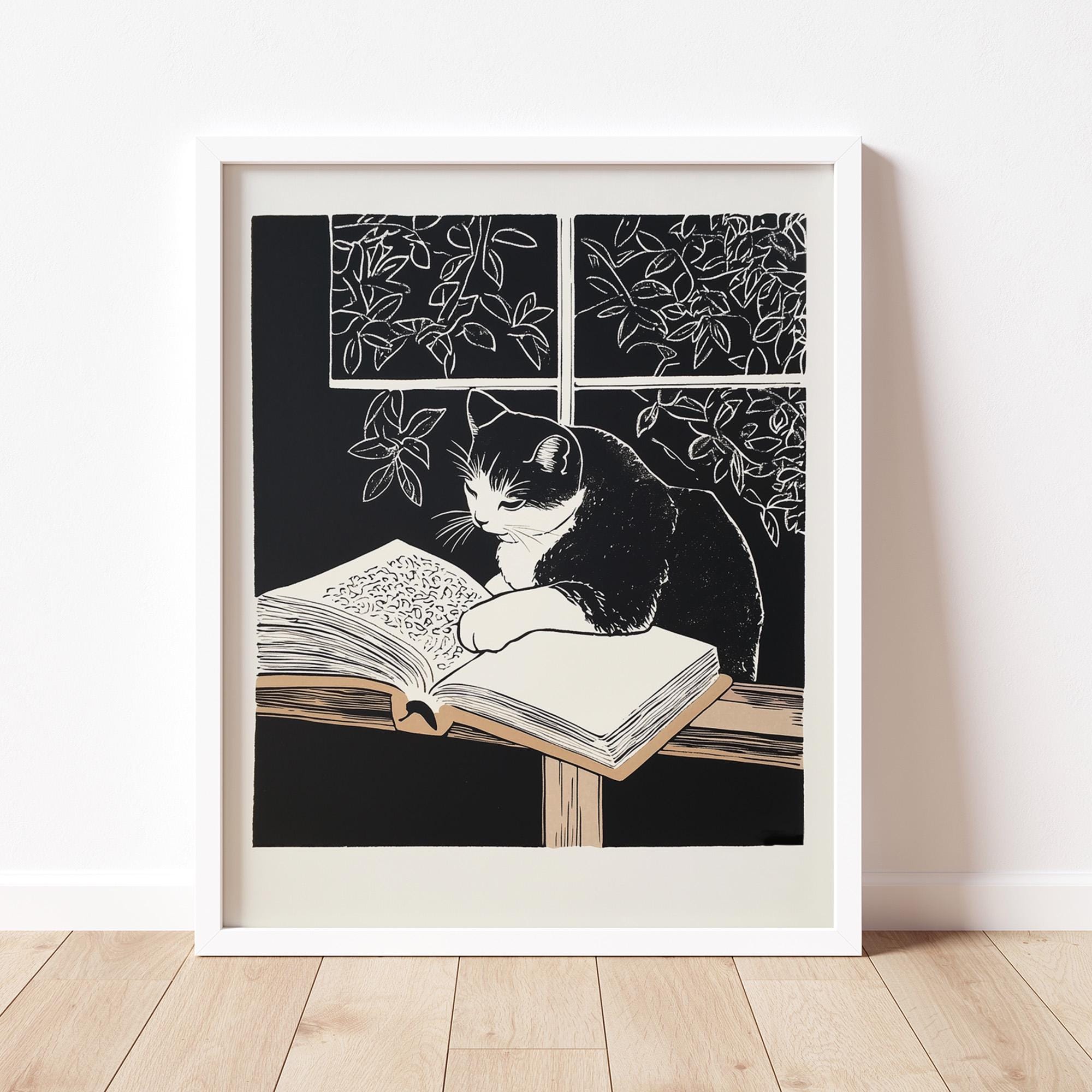 Cat Reading Book Art Print, Cat Artwork, Bookish Artwork, Cat Poster ...