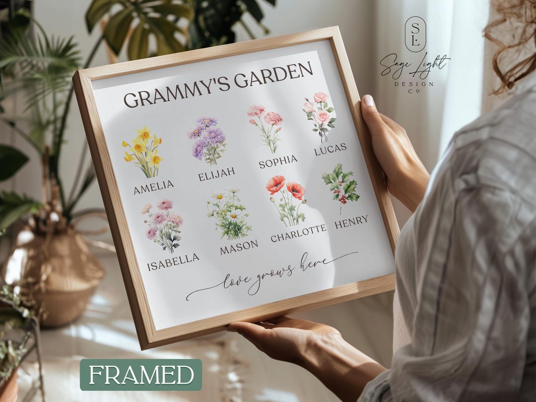 Personalized Grammy's Garden Sign Framed Print - Birth Flower Gift for ...