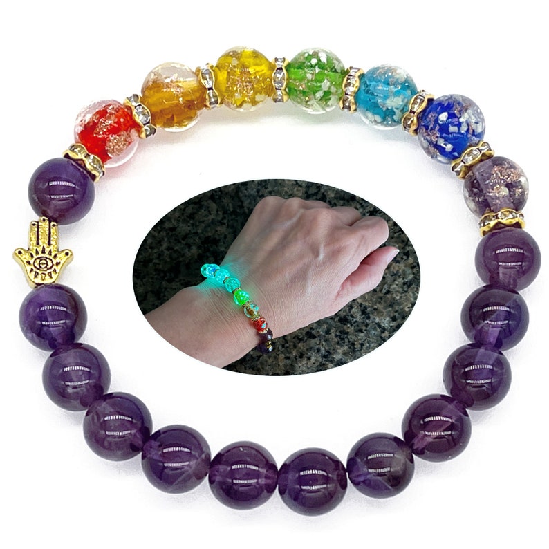 Amethyst Chakra Bracelets, Glow in the Dark Firefly Beads + Gemstone ...