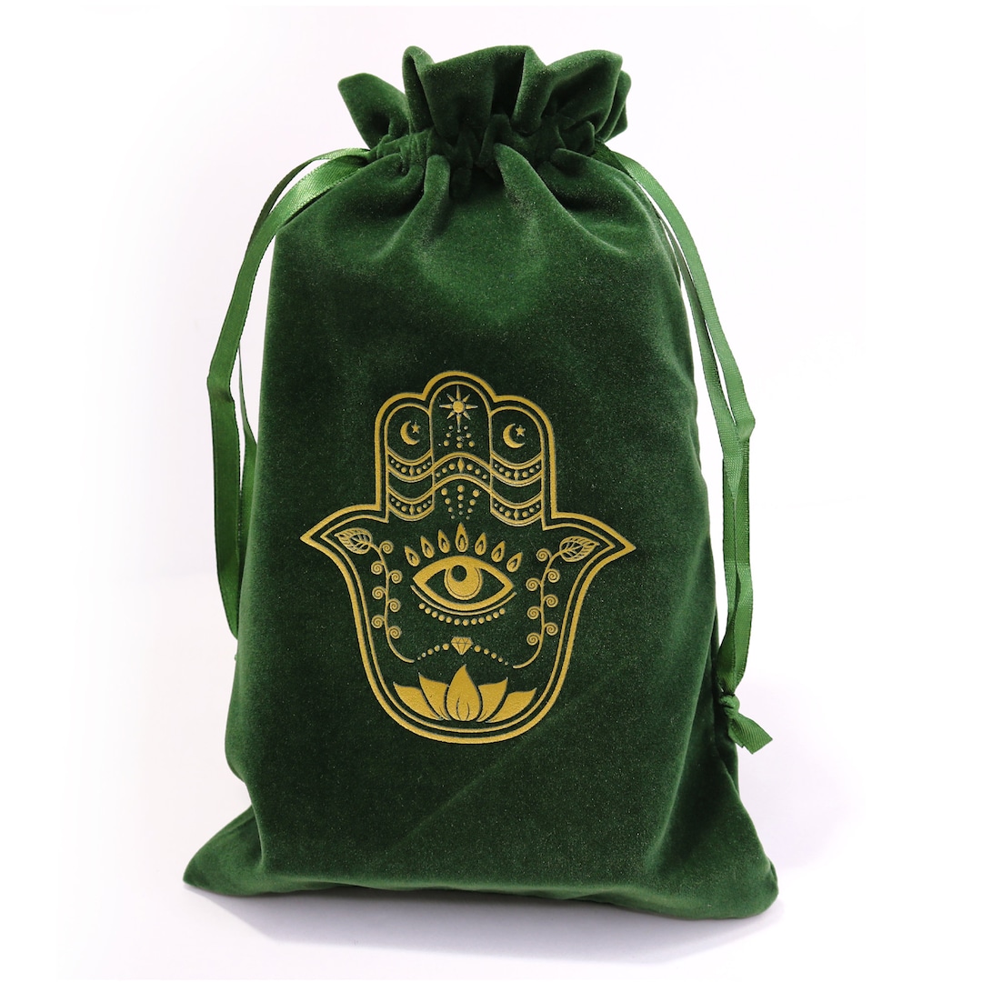 6x9" Hamsa Hand Green Velvet Jewelry Pouch Gift Bags, Fatima Hand ...