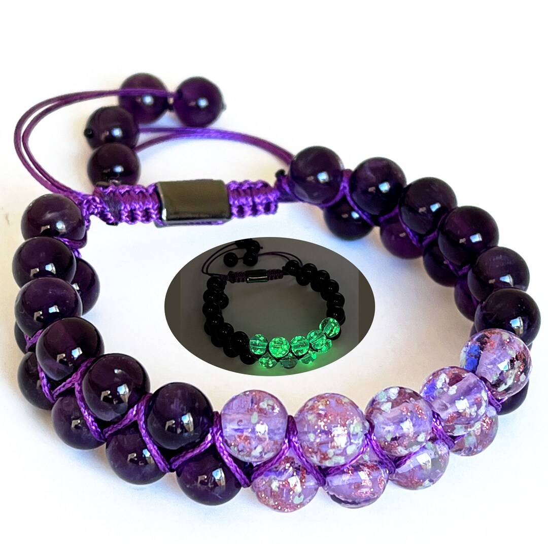 Purple Amethyst + Glow in the Dark Firefly Beads Macrame Bracelet ...