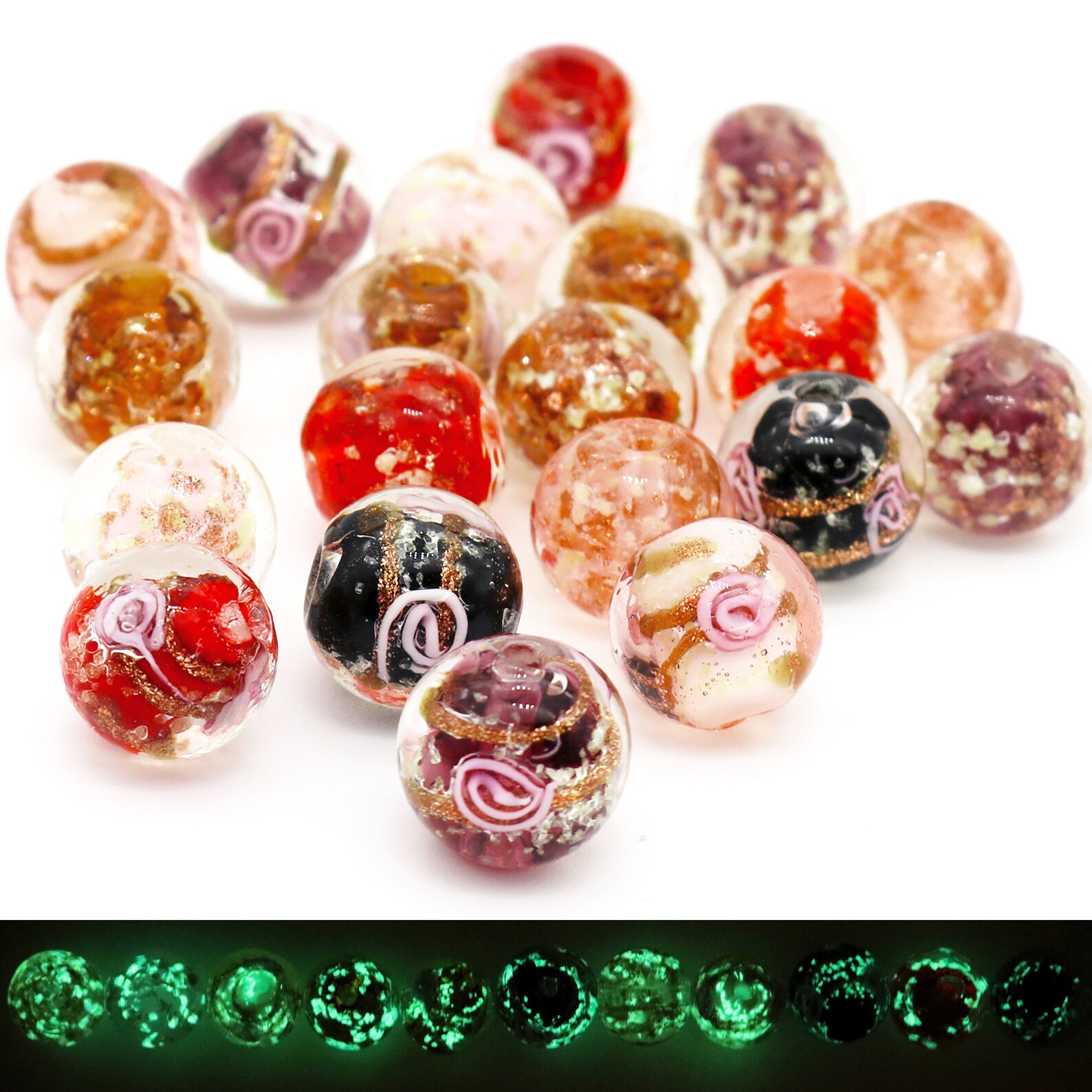 20 Pcs 10 Styles 12mm Glow in the Dark Beads, European Lampwork Bead ...