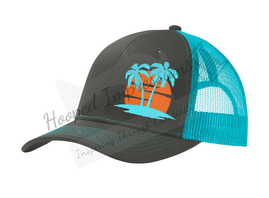 Tropical Sunset Snapback Classic Trucker Hat Mesh Back Palm Tree ...