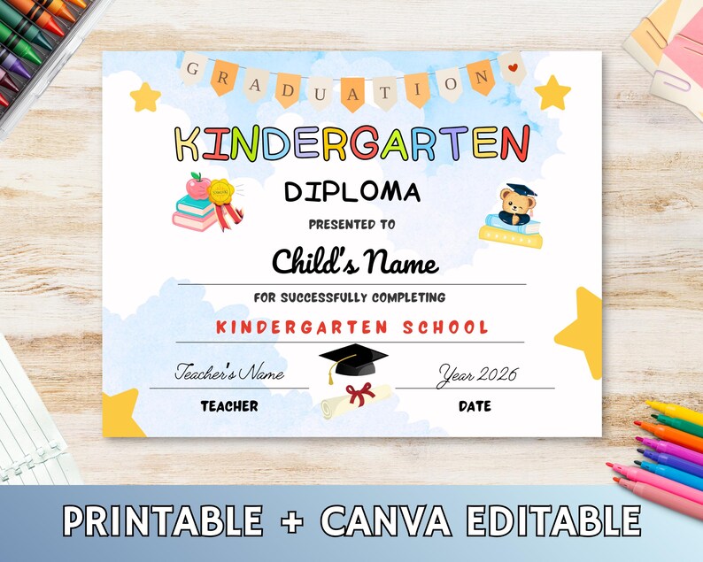 Kindergarten Graduation Certificate Editable, Last Day of School, Canva ...