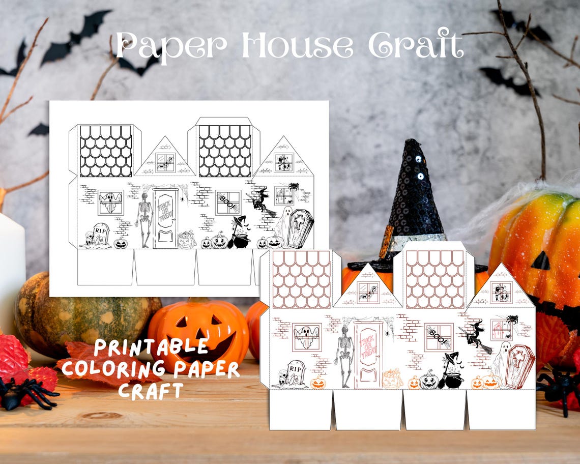 Spooky Halloween Paper House Craft: Kids Coloring Activity (printable ...
