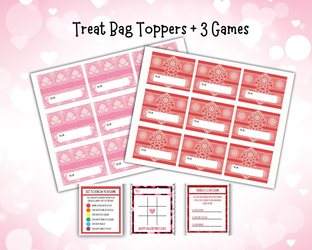 Valentine's Day Treat Bag Toppers: 3 Games, Printable Cards (instant ...