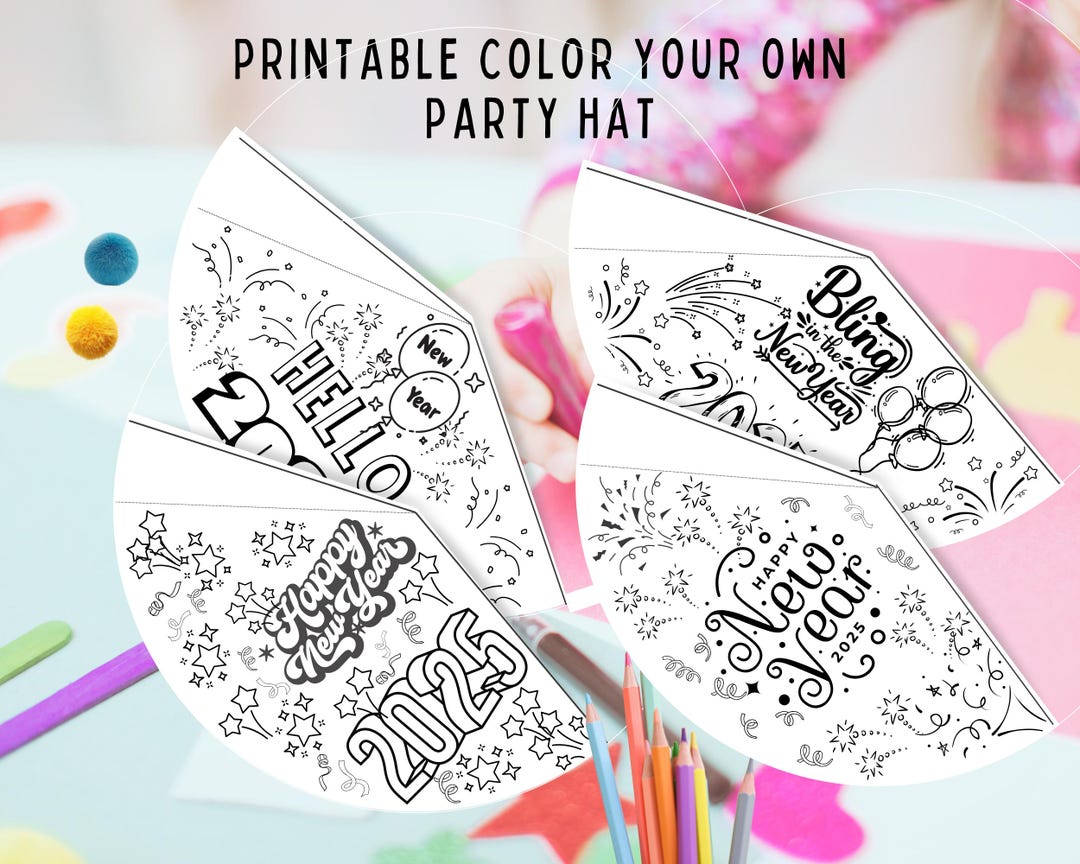 New Years Eve Kids Coloring Party Hats 2025 (printable Download) - Etsy