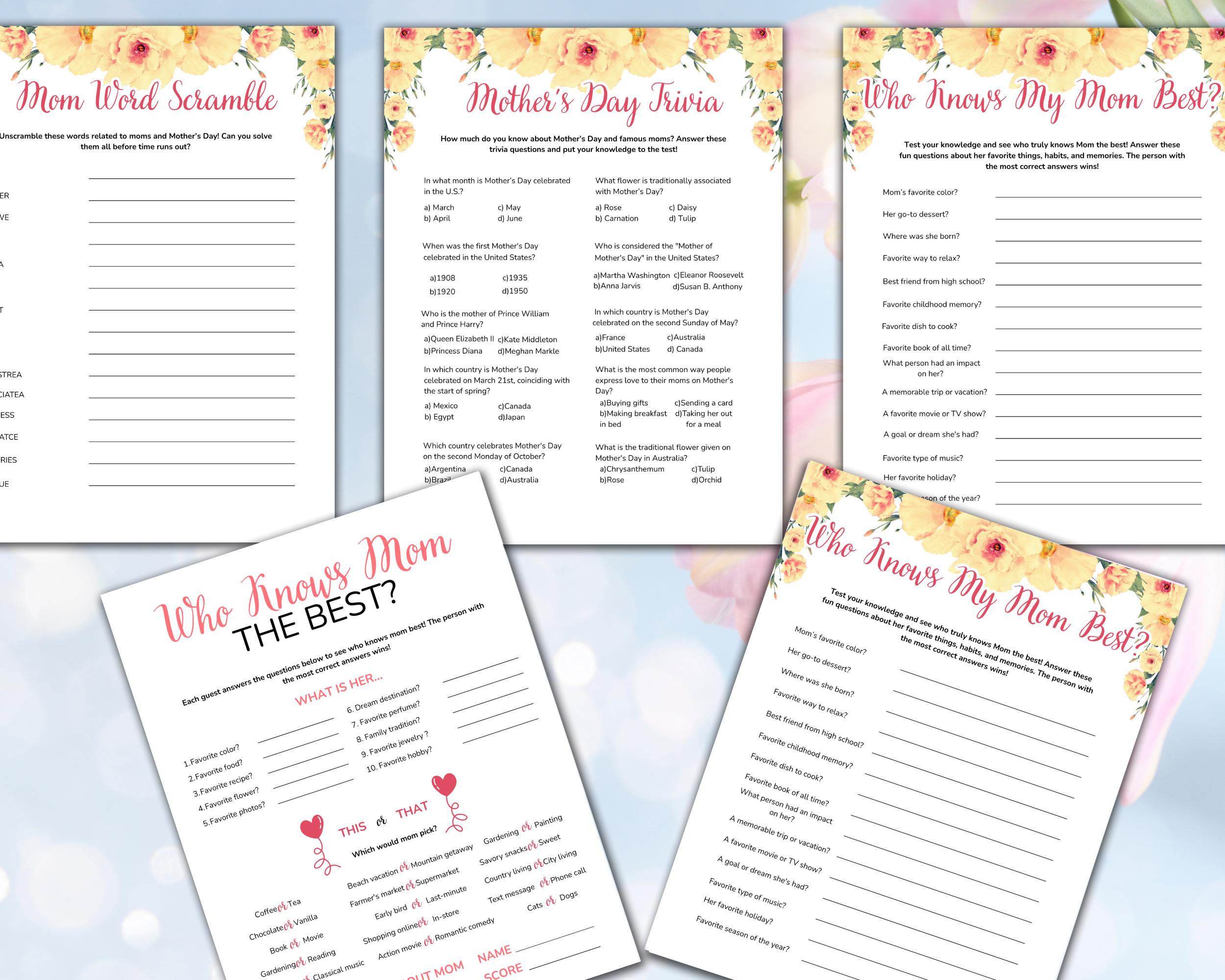 Mothers Day Game Bundle: Printable Party Games, Mothers Day Party Game ...