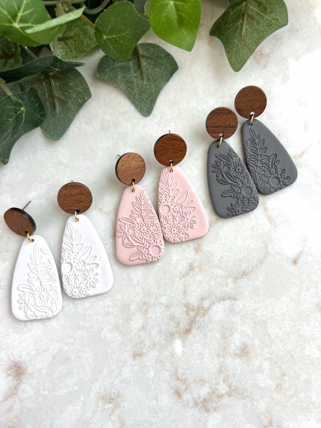 Floral Texture Polymer Clay Dangle Earrings Handmade Boho Jewelry ...