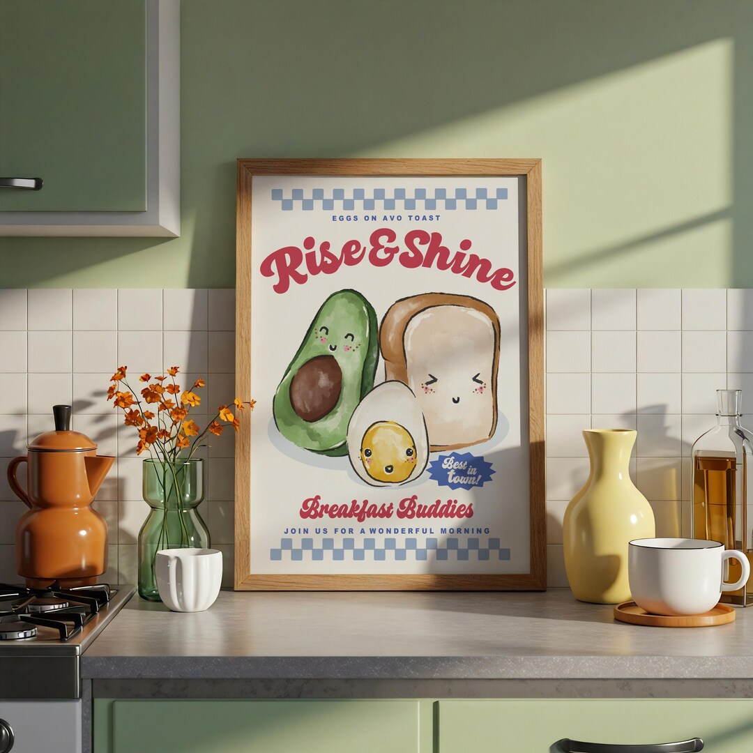 Breakfast Buddies Print – Kawaii Toast Egg Avocado Wall Art, Retro ...