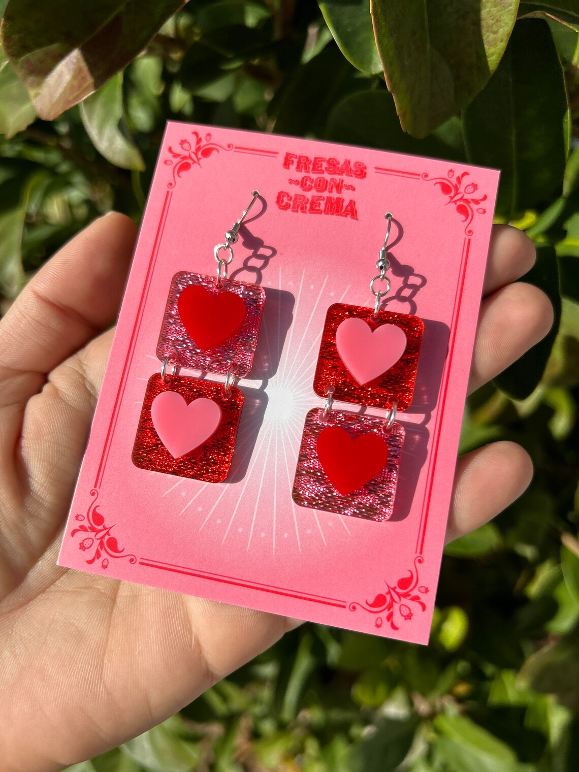 Red & Pink Color Block Heart Earrings | Acrylic Earrings | Handcrafted ...