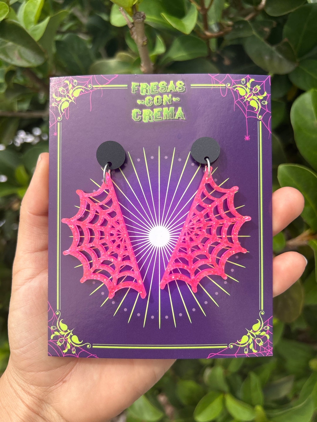 Neon Pink Spider Web Studs | Acrylic Earrings - Etsy