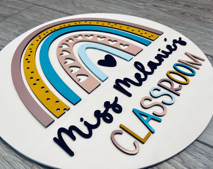 Personalized Wooden Boho Rainbow Classroom Sign - Teacher Classroom ...