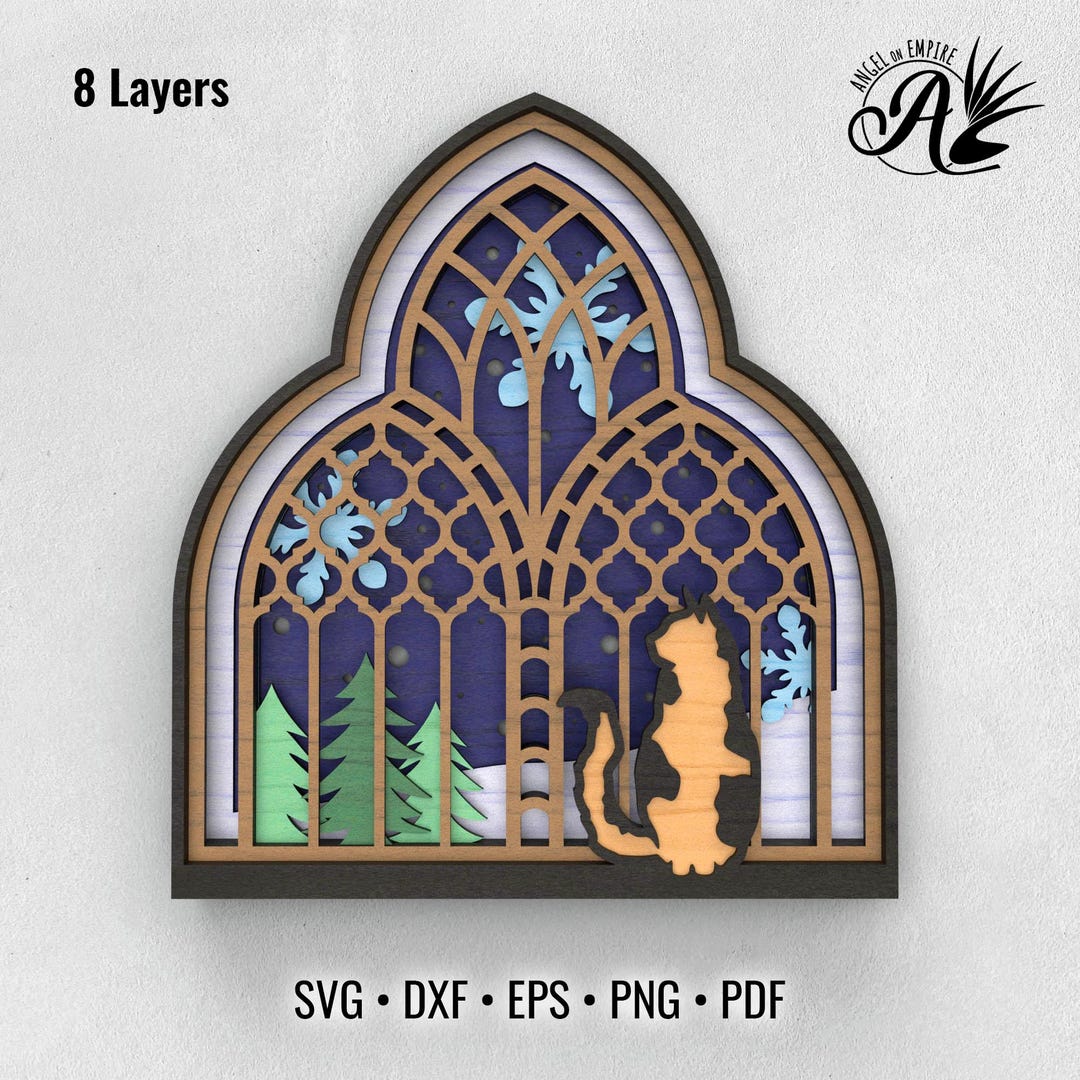 Winter Cat in Arched Window With Snowflakes 3D Layered SVG Cut Files ...